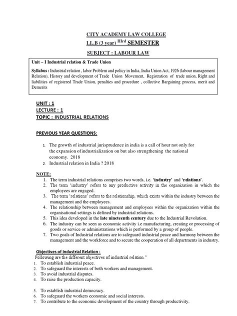 labour law lecture notes 3 year semester unit 1 pdf cost of living