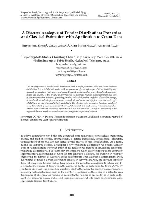 Pdf A Discrete Analogue Of Teissier Distribution Properties And Classical Estimation With