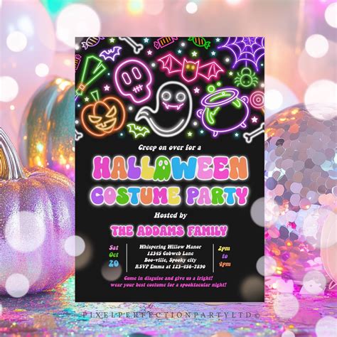 Editable Neon Halloween Costume Party Invitation Glow In The Dark