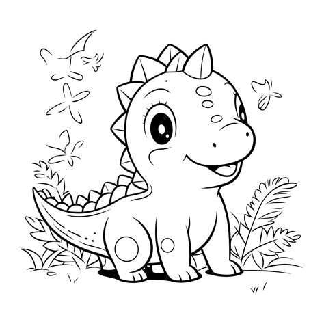Симпатичный динозавр в джунглях Векторная иллюстрация для раскраски Премиум векторы