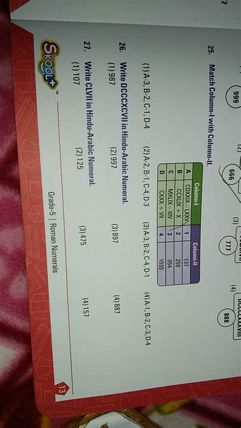 Match Column I With Column II Column IColumn IIACDXXIX LXXY BCCXLIX