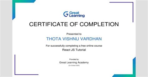 react js tutorial course completion certificate for thota vishnu