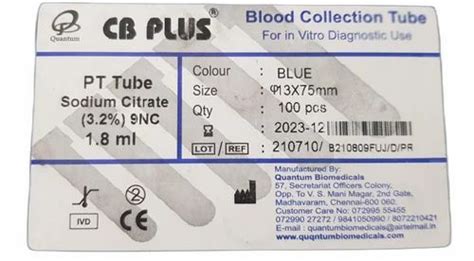 Cb Plus Pt Tube Sodium Citrate 1 8ml For Laboratory At ₹ 2 34 Piece In Mallankinaru