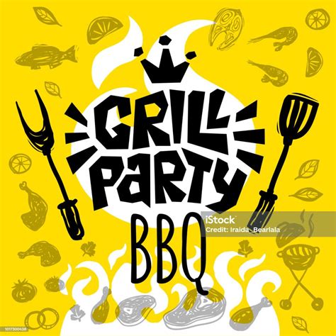 그릴 바베 큐 파티 음식 포스터 구운된 음식 고기 생선 야채 그릴 기기 포크 나이프 닭 새우 레몬 향미료 바베큐그릴에 대한 스톡 벡터 아트 및 기타 이미지 Istock