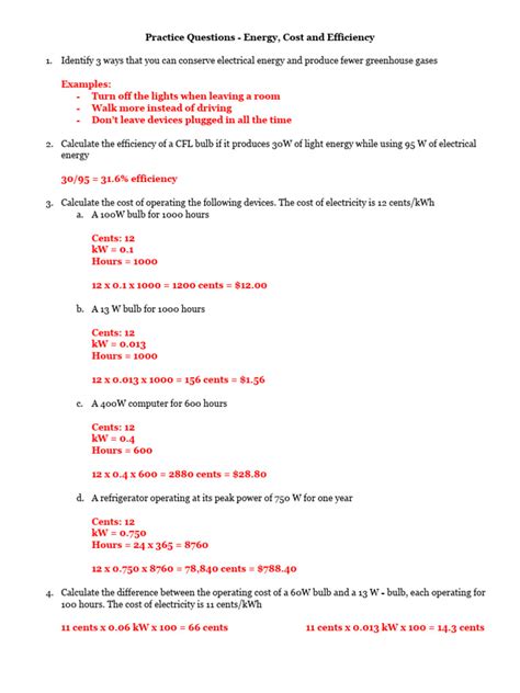 Efficiency Worksheet Ans Pdf Watt Refrigerator