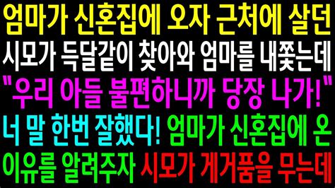 실화사연 엄마가 신혼집에 오자 근처에 살던 시모가 득달같이 찾아와 엄마를 내쫓는데 엄마가 신혼집에 온 이유를 알려주자 게거품을 무는데 신청사연 사이다썰 사연라디오