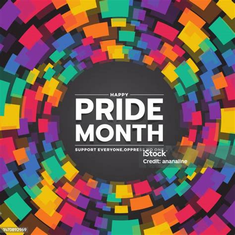 무지개 색 사각형의 행복한 프라이드 달 텍스트는 검은색 배경 벡터 디자인에 원형 프레임과 추상적인 질감 배경으로 컬링됩니다 다양성에 대한 스톡 벡터 아트 및 기타 이미지