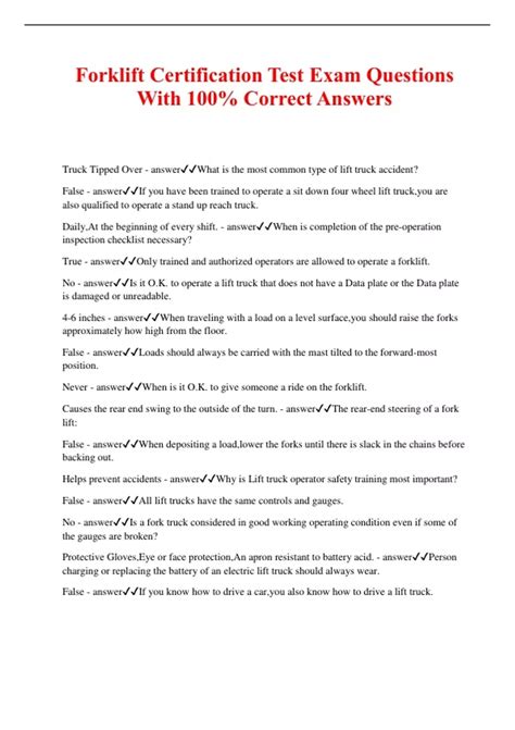 Forklift Certification Test Exam Questions With 100 Correct Answers Forklift Stuvia Us