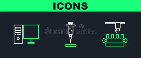Set Line Factory Conveyor System Belt Computer Monitor And Syringe Icon Vector Stock