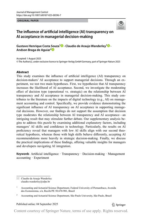 The Influence Of Artificial Intelligence Ai Transparency On Ai Acceptance In Managerial