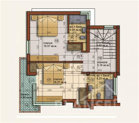 Типов проект за триетажна къща на калкан с по 2 спални за две семейства