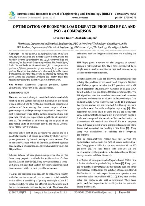 Pdf Optimization Of Economic Load Dispatch Problem By Ga And Pso A Comparison