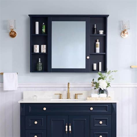 Angeles Home 42 In W X 30 In H Rectangular Navy Blue Solid Wood Surface Mount Medicine Cabinet