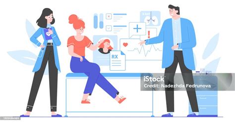 의사의 약속에 여자 의료 사무실에있는 사람들 환자의 검사 의료 차트 및 지표의 연구 진단 질병의 치료 벡터 플랫 일러스트레이션 간호사에 대한 스톡 벡터 아트 및 기타 이미지