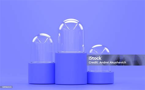 유리 돔 크리스탈 실린더 높은 스탠드의 투명 볼 파란색 배경에 고립 플라스틱 연단에 전시하기 위해 플렉시 글라스 또는 아크릴의 모형 빈 클리어 쇼케이스 사실적인 3d 렌더링