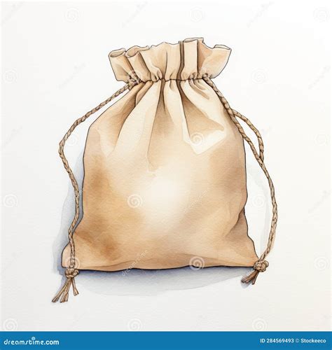 Watercolor Hand Drawn Bag With Rope Detailed Shading And Simplistic Cartoon Style Stock