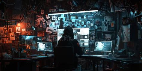 Hacker In A Dark Hoodie Working On Multiple Screens In A Dimly Lit Room