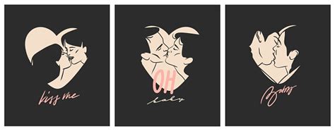 손으로 그린 벡터 추상 그래픽 그림 발렌타인 데이 카드 템플릿 심장 실루엣으로 설정된 키스 커플 초상화를 그립니다 함께 키스하는