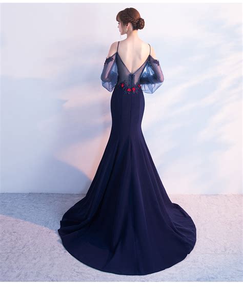 Navy Blue Mermaid V Back Puffy Sleeves Evening Dress Blue Prom Dress
