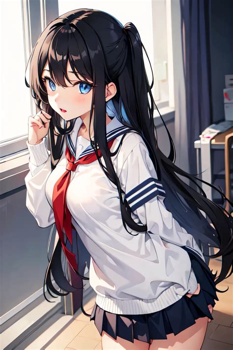 긴 검은 머리와 교복을 입은 파란 눈을 가진 애니메이션 소녀 Seaart Ai