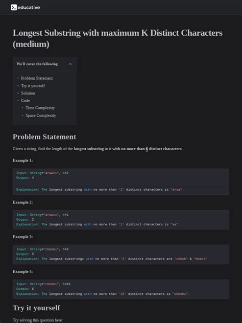 Longest Substring With Maximum K Distinct Characters Medium Pdf