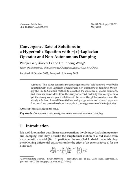 Global Science Press Convergence Rate Of Solutions To A Hyperbolic
