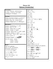 Midterm Formula Sheet Phys Fall Physics Midterm Formula Sheet Conversions