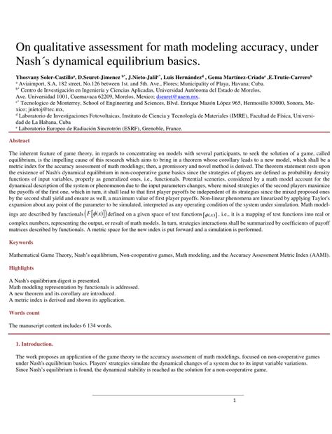 Pdf On Qualitative Assessment For Math Modeling Accuracy Under Nash´s Dynamical Equilibrium