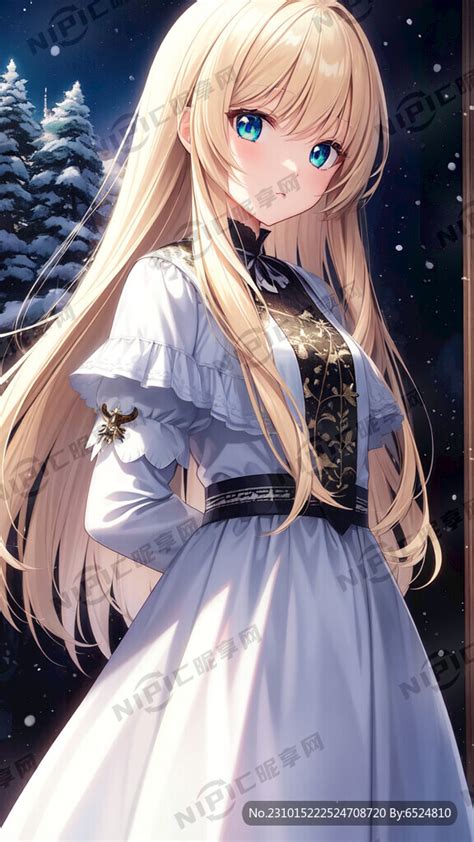 Ai创作图美少女 金色长发 绿是瞳孔 清冷 漂亮 皮肤雪白 洋装 昵图网