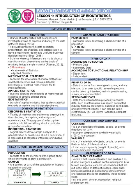 LESSON BIOE BIOSTATISTICS AND EPIDEMIOLOGY LESSON INTRODUCTION OF BIOSTATISTICS