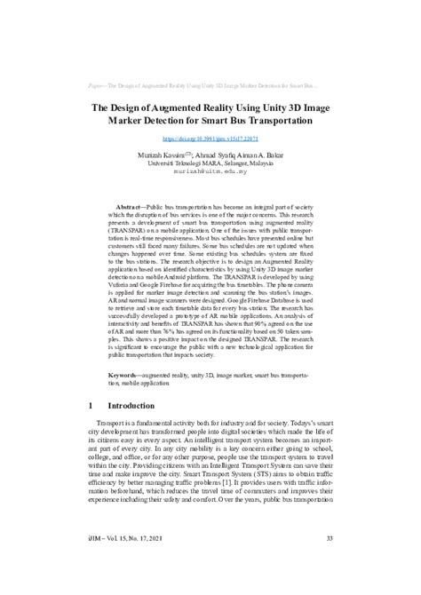 Pdf The Design Of Augmented Reality Using Unity 3d Image Marker Detection For Smart Bus
