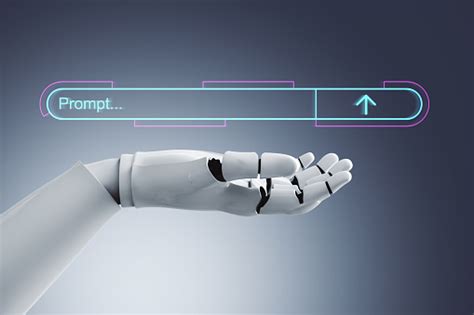 어두운 배경에서 미래 지향적인 프롬프트 검색 표시줄을 향해 손을 뻗는 로봇 손은 Ai와 기술 상호 작용을 나타냅니다 3d 렌더링 0명에 대한 스톡 사진 및 기타 이미지