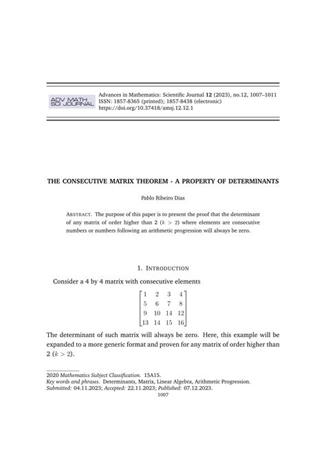 Pdf The Consecutive Matrix Theorem A Property Of Determinants