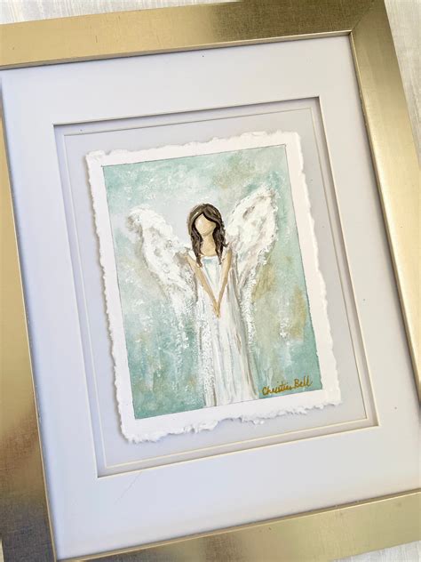 Original Angel Painting Blue Guardian Angel Vintage Paper Framed Decor
