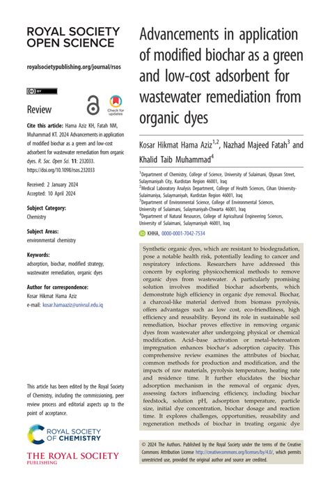 Pdf Advancements In Application Of Modified Biochar As A Green And Low Cost Adsorbent For