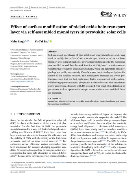 Pdf Effect Of Surface Modification Of Nickel Oxide Hole‐transport