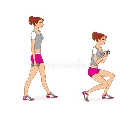 Girl Trains Squats With Lifting Dumbbells Illustration Isolated On