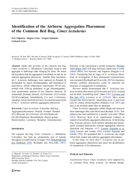 Pdf Identification Of The Airborne Aggregation Pheromone Of The Common Bed Bug Cimex Lectularius