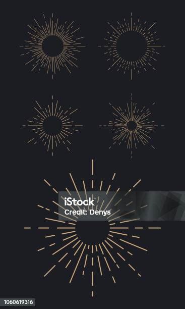 5 강한 빛을 광선의 설정 배너 포스터 로고 엠 블 럼에 대 한 빈티지 디자인 요소입니다 폭발 효과입니다 다각형이 검은 배경에 고립입니다 벡터 일러스트 레이 션 개체 그룹에
