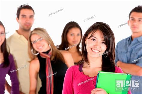 Babe Cute Coed With Notebook Standing In Front Of A Group Of Friends Stock Photo Picture And
