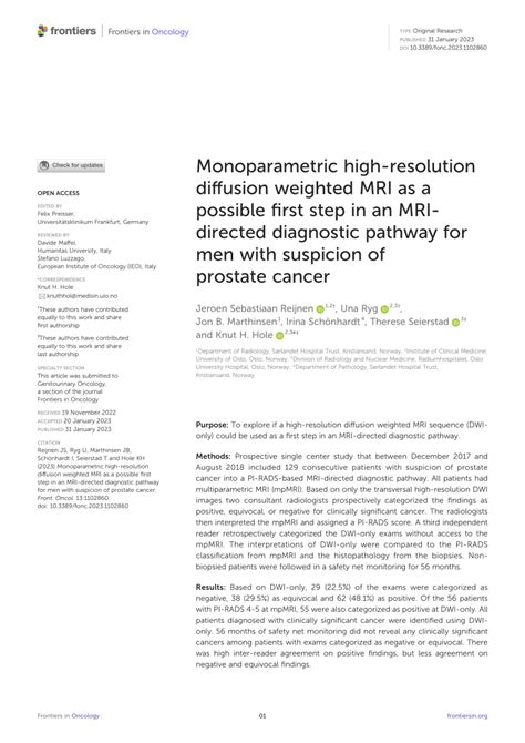 Pdf Monoparametric High Resolution Diffusion Weighted Mri As A Possible First Step In An Mri
