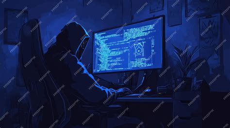 A Hacker In The Dark Wearing A Hoodie Sitting At His Computer With A Big Monitor Premium Ai