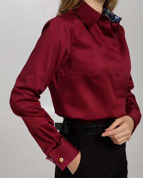Рубашка хлопковая под запонки винная с отделкой пионы 8947 Женские рубашки купить с доставкой