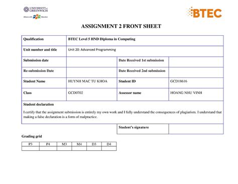 Asm2 Advance Programming Khoa Assignment 2 Front Sheet Qualification Btec Level 5 Hnd Diploma