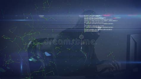 Animation Of Data Processing Lights And Connections Over Caucasian Male Hacker Stock Footage