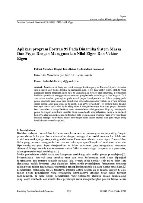 Pdf Aplikasi Program Fortran 95 Pada Dinamika Sistem Massa Dan Pegas Dengan Menggunakan Nilai