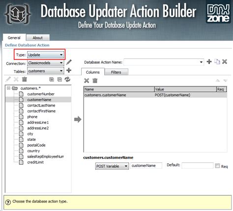 Database Updater Action Builder Features Dmxzone