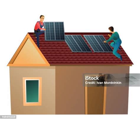 두 명의 작업자가 지붕에 태양 전지판을 설치합니다 대체 에너지 재생 가능한 전기 에너지원 노동자들은 지붕에서 일합니다 작은 집과 두 명의 노동자 서비스 그림 흰색 배경에