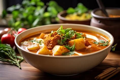 Premium Ai Image Massaman Curry In A Rustic Bowl Featuring Spices Meat And Potatoes In A
