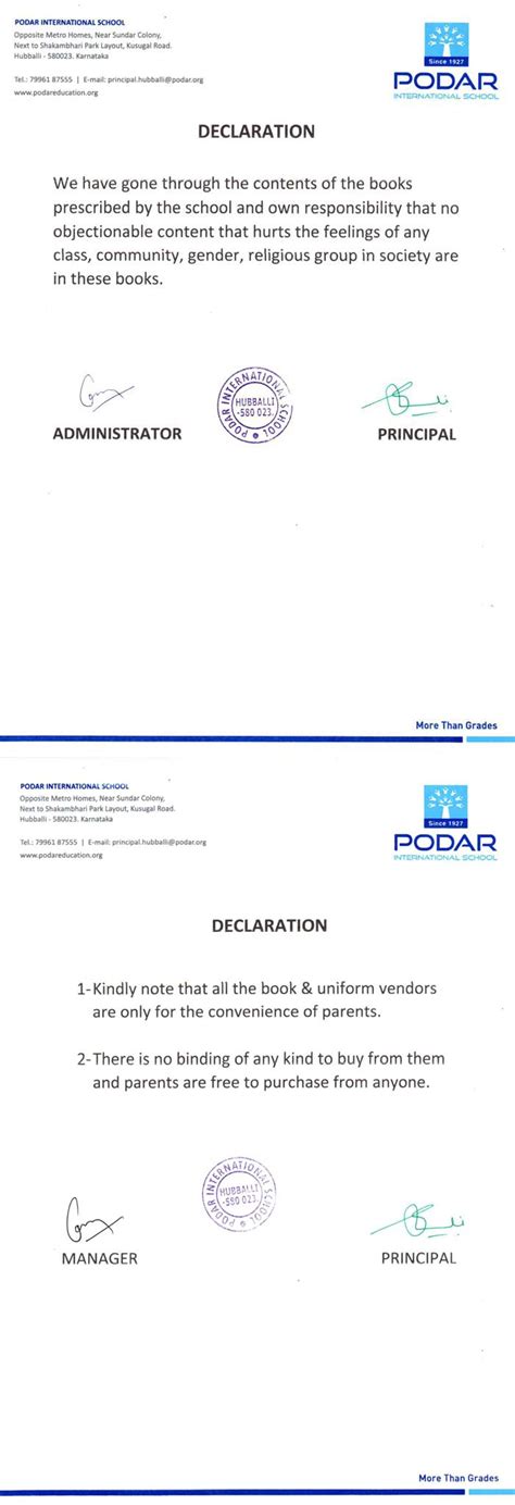CBSE Declaration Letter And Book List Podar International Babe Hubballi